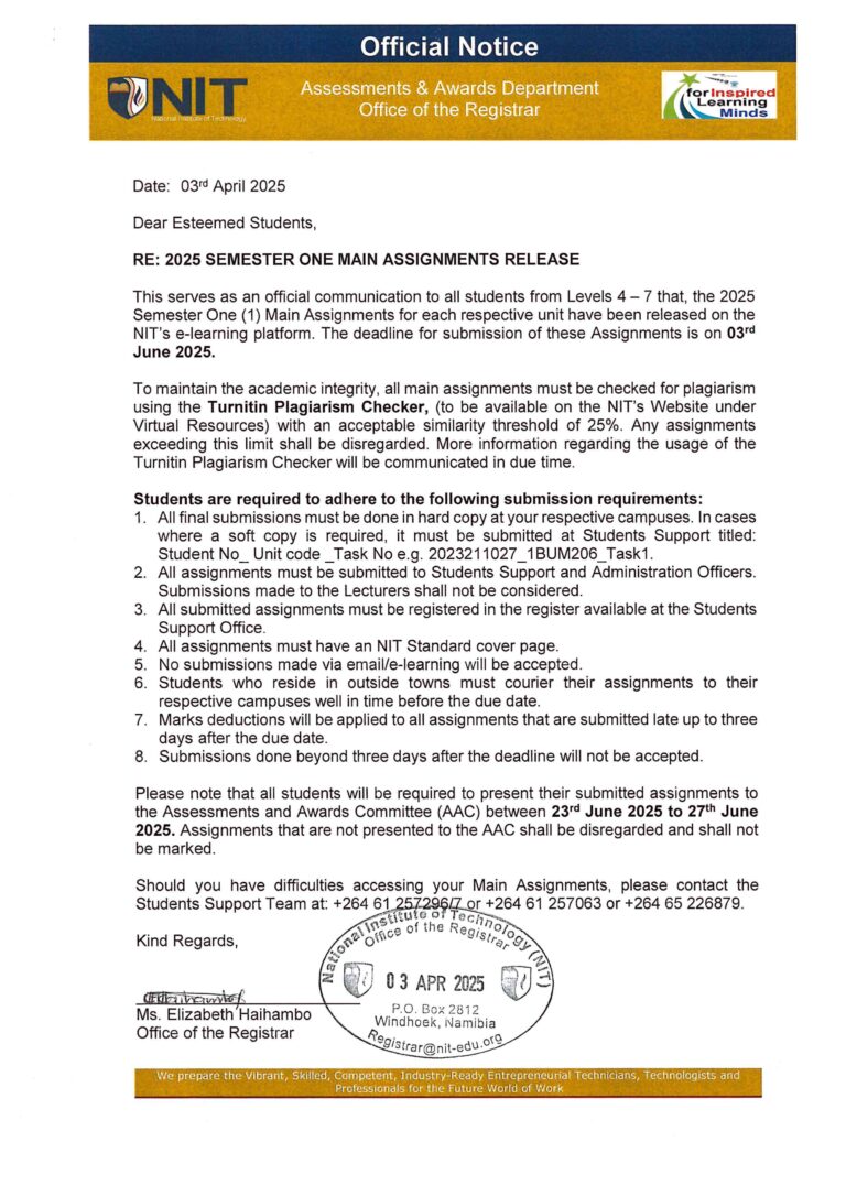 2025 SEMESTER ONE MAIN ASSIGNMENT RELEASE – National Institute of Technology